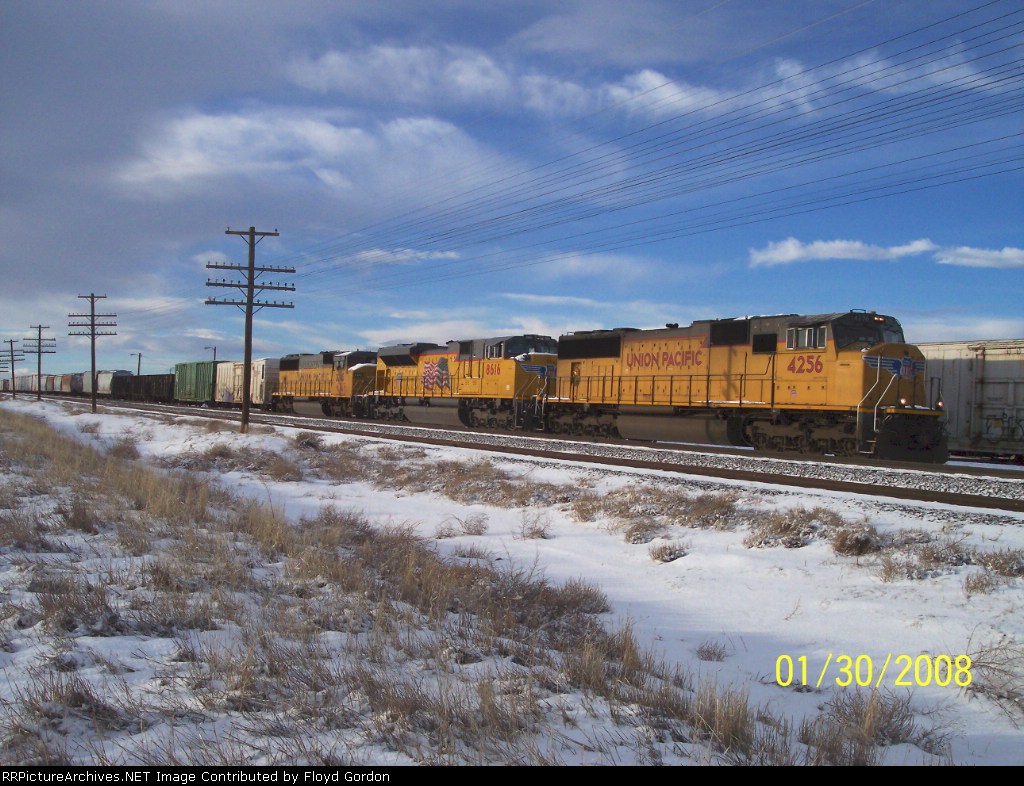 UP 4256 westbound with three EMD models